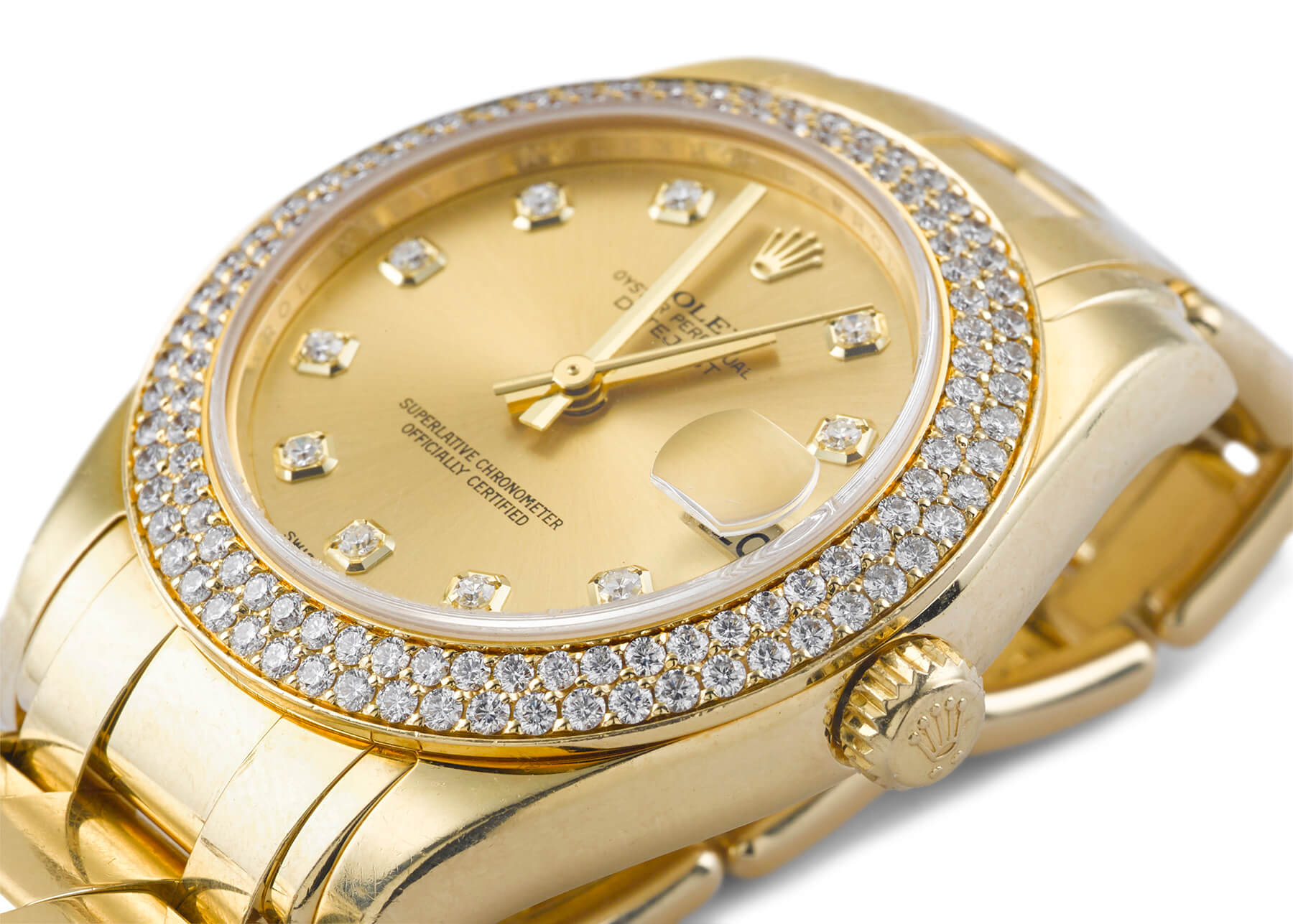 18 Karat Yellow Gold Ladies Rolex Pearlmaster with Diamond Bezel and ...